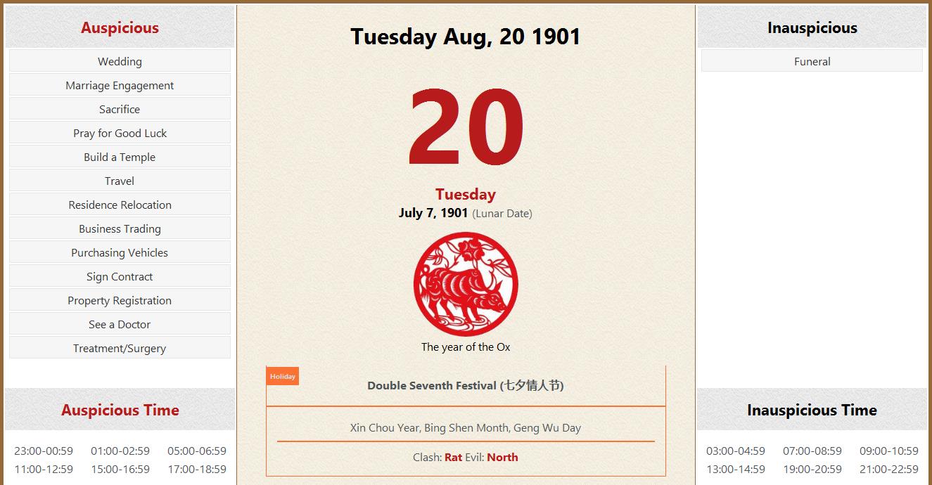 August 20, 1901 Almanac Calendar: Auspicious/Inauspicious Events and ...