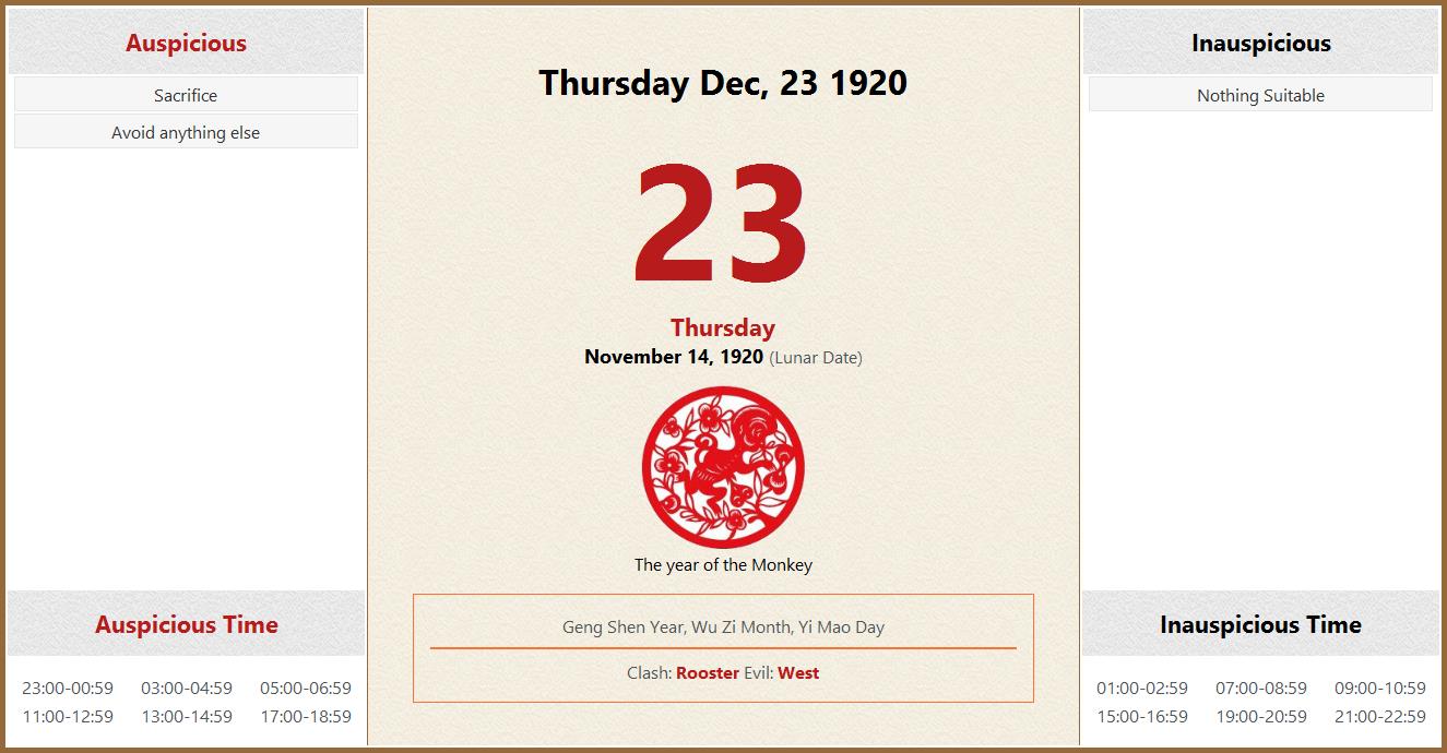 December 23, 1920 Almanac Calendar: Auspicious/Inauspicious Events and ...