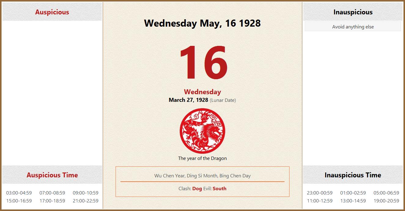 May 16, 1928 Almanac Calendar: Auspicious/Inauspicious Events and Time ...