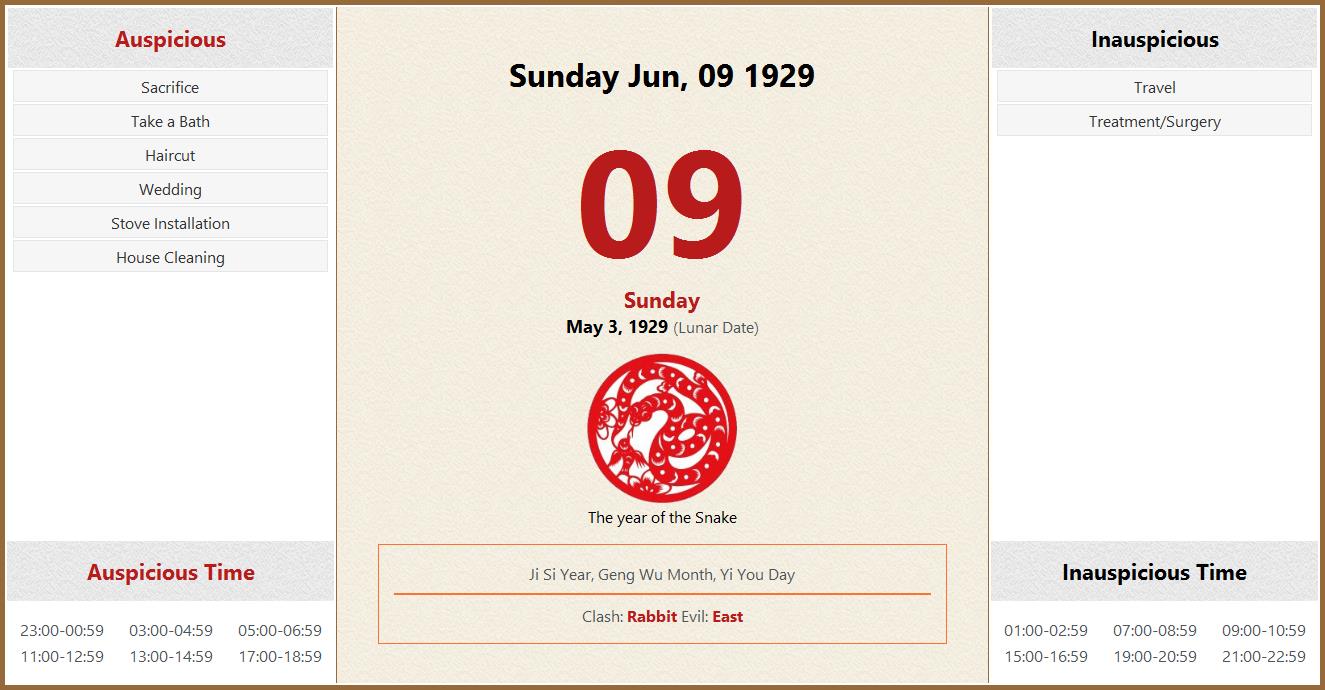 June 09, 1929 Almanac Calendar: Auspicious/Inauspicious Events and Time ...