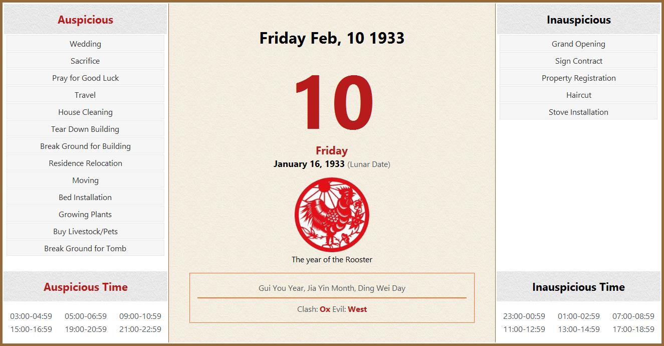 February 10, 1933 Almanac Calendar: Auspicious/Inauspicious Events and ...