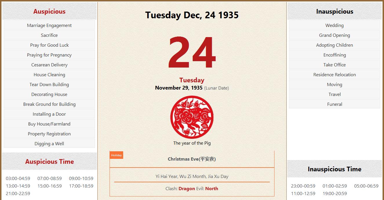December 24, 1935 Almanac Calendar: Auspicious/Inauspicious Events and ...