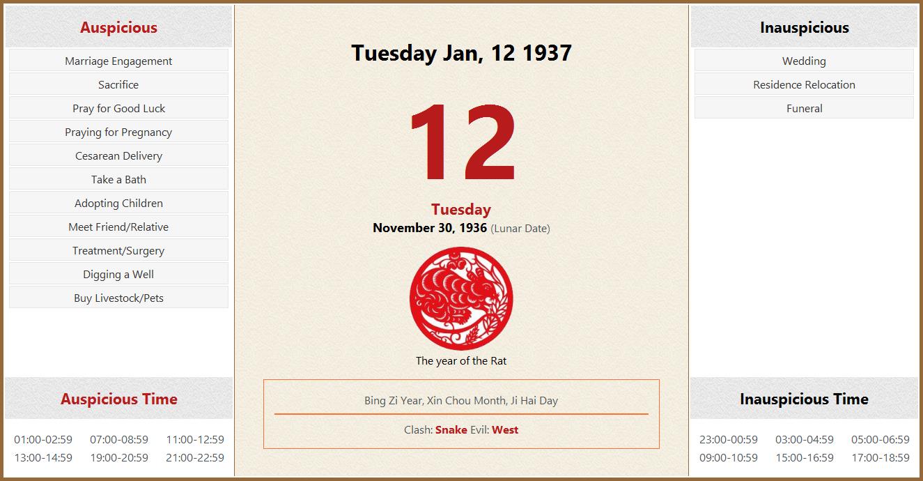 January 12, 1937 Almanac Calendar: Auspicious/Inauspicious Events and ...