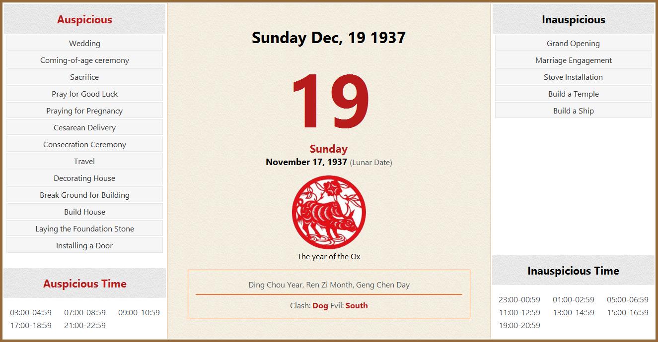 December 19, 1937 Almanac Calendar: Auspicious/Inauspicious Events and ...