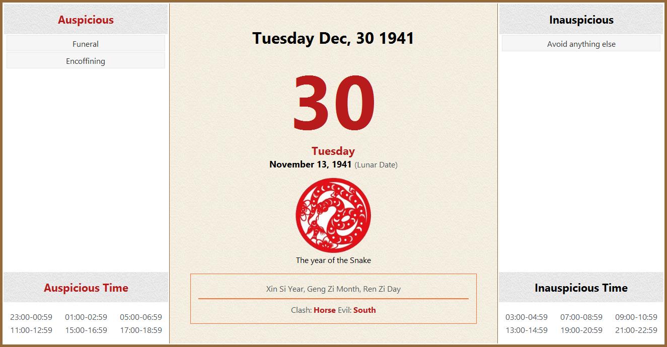 December 30, 1941 Almanac Calendar: Auspicious/Inauspicious Events and ...