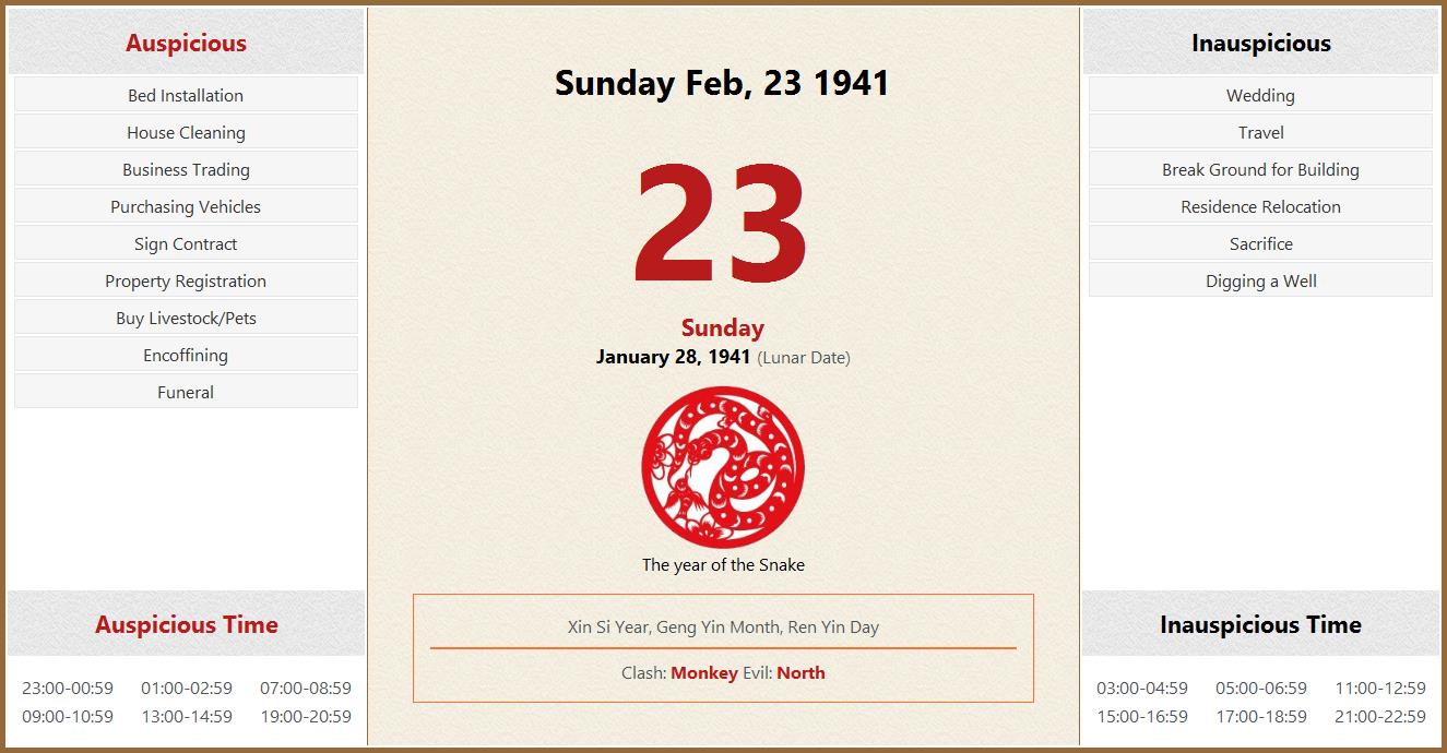 February 23, 1941 Almanac Calendar: Auspicious/Inauspicious Events and ...