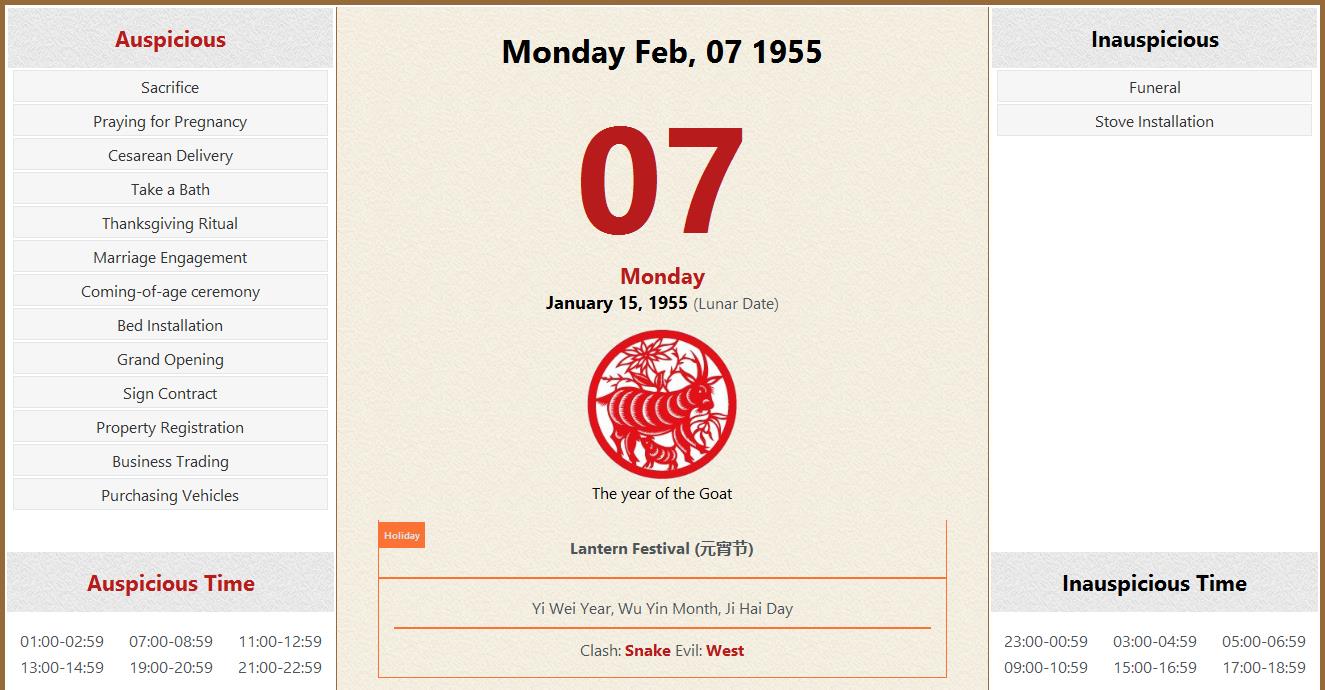 February 07, 1955 Almanac Calendar: Auspicious/Inauspicious Events and ...