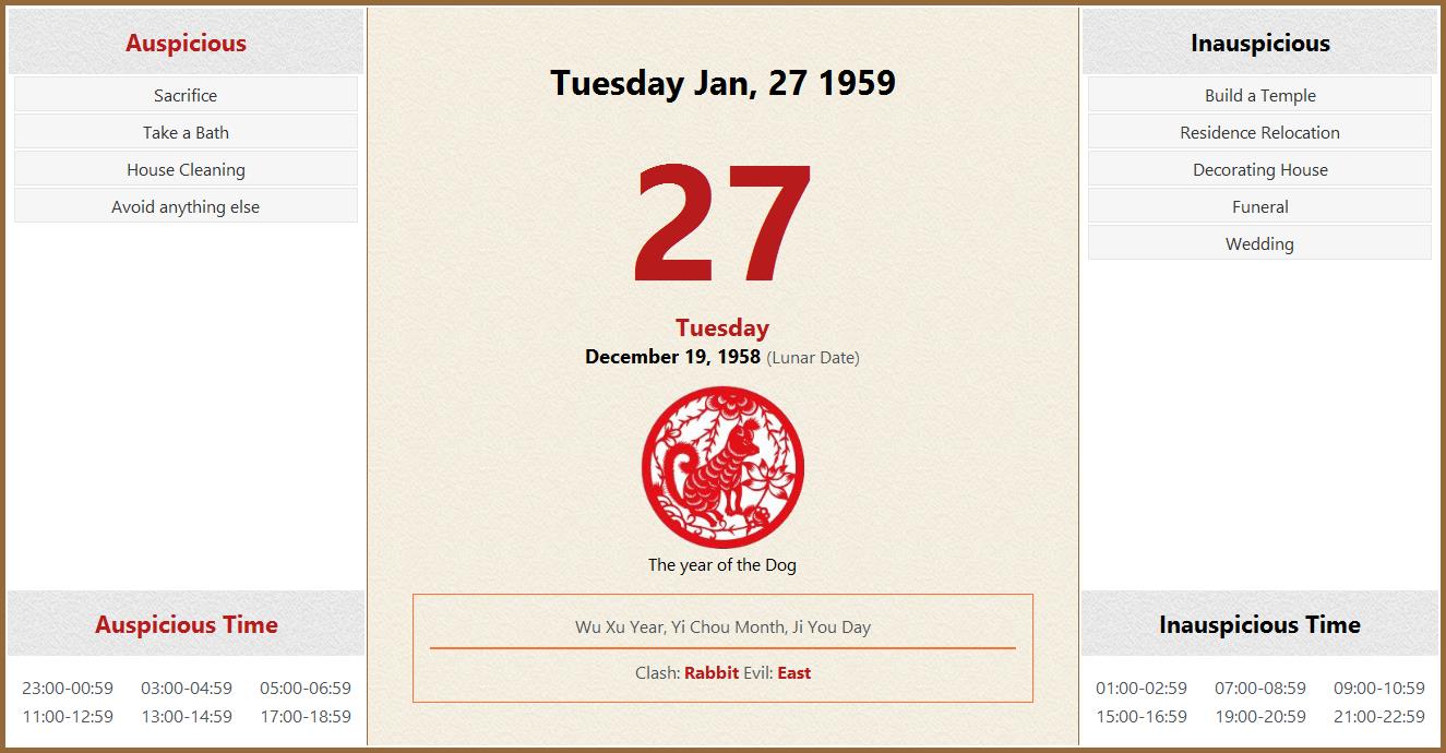 January 27, 1959 Almanac Calendar: Auspicious/Inauspicious Events and ...