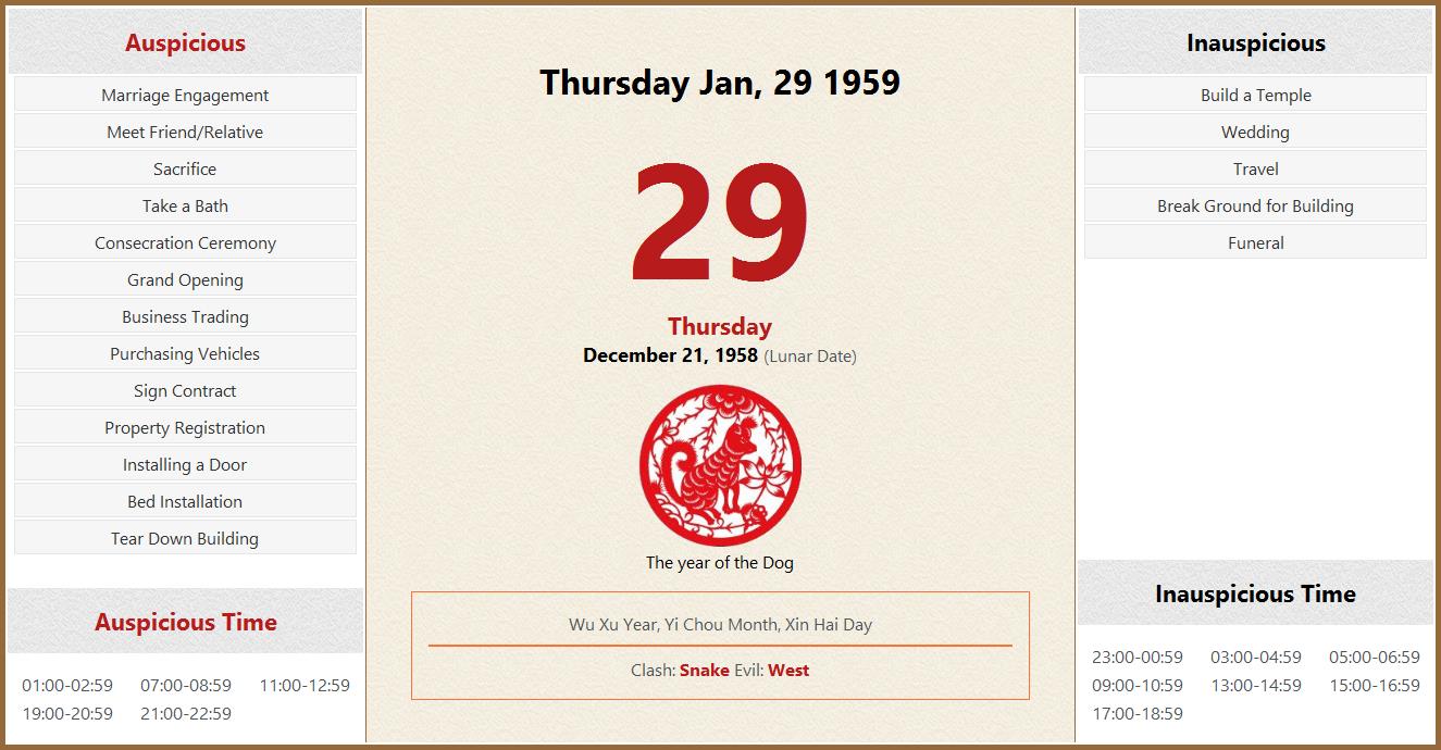 January 29, 1959 Almanac Calendar: Auspicious/Inauspicious Events and ...