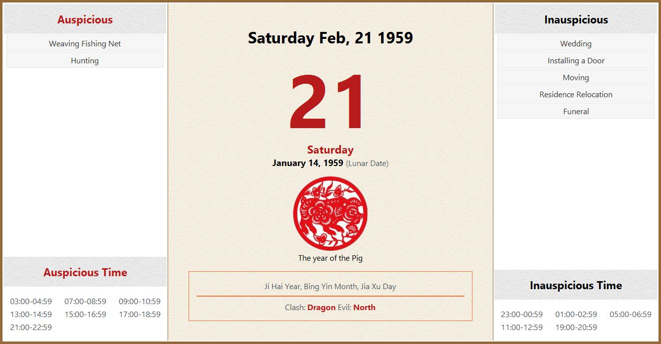 February 21, 1959 Almanac Calendar: Auspicious/Inauspicious Events and ...