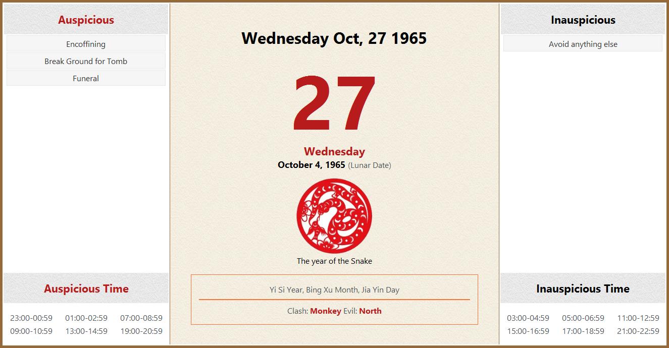 October 27, 1965 Almanac Calendar: Auspicious/Inauspicious Events and ...