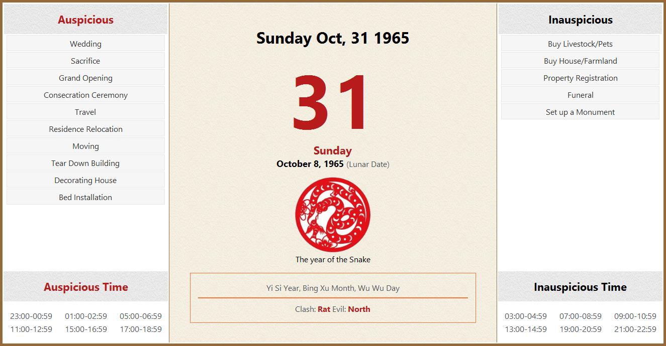 October 31, 1965 Almanac Calendar: Auspicious/Inauspicious Events and ...