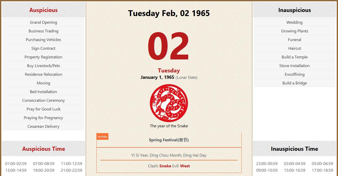 February 02, 1965 Almanac Calendar: Auspicious/Inauspicious Events and ...