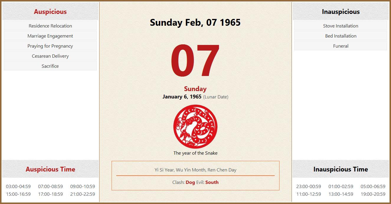 February 07, 1965 Almanac Calendar: Auspicious/Inauspicious Events and ...