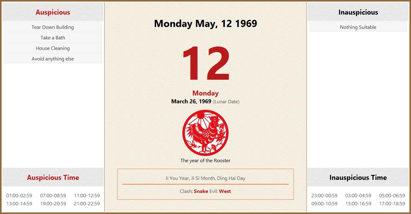 May 12, 1969 Almanac Calendar: Auspicious/Inauspicious Events and Time ...
