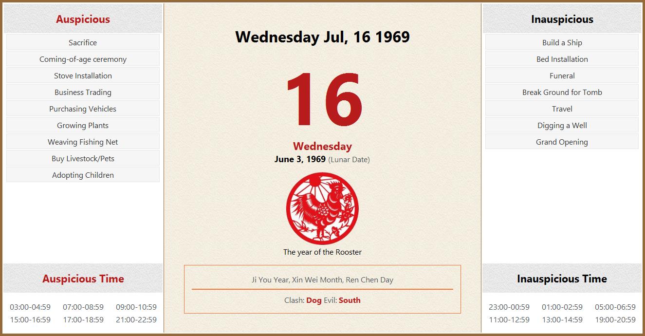 July 16, 1969 Almanac Calendar: Auspicious/Inauspicious Events and Time ...