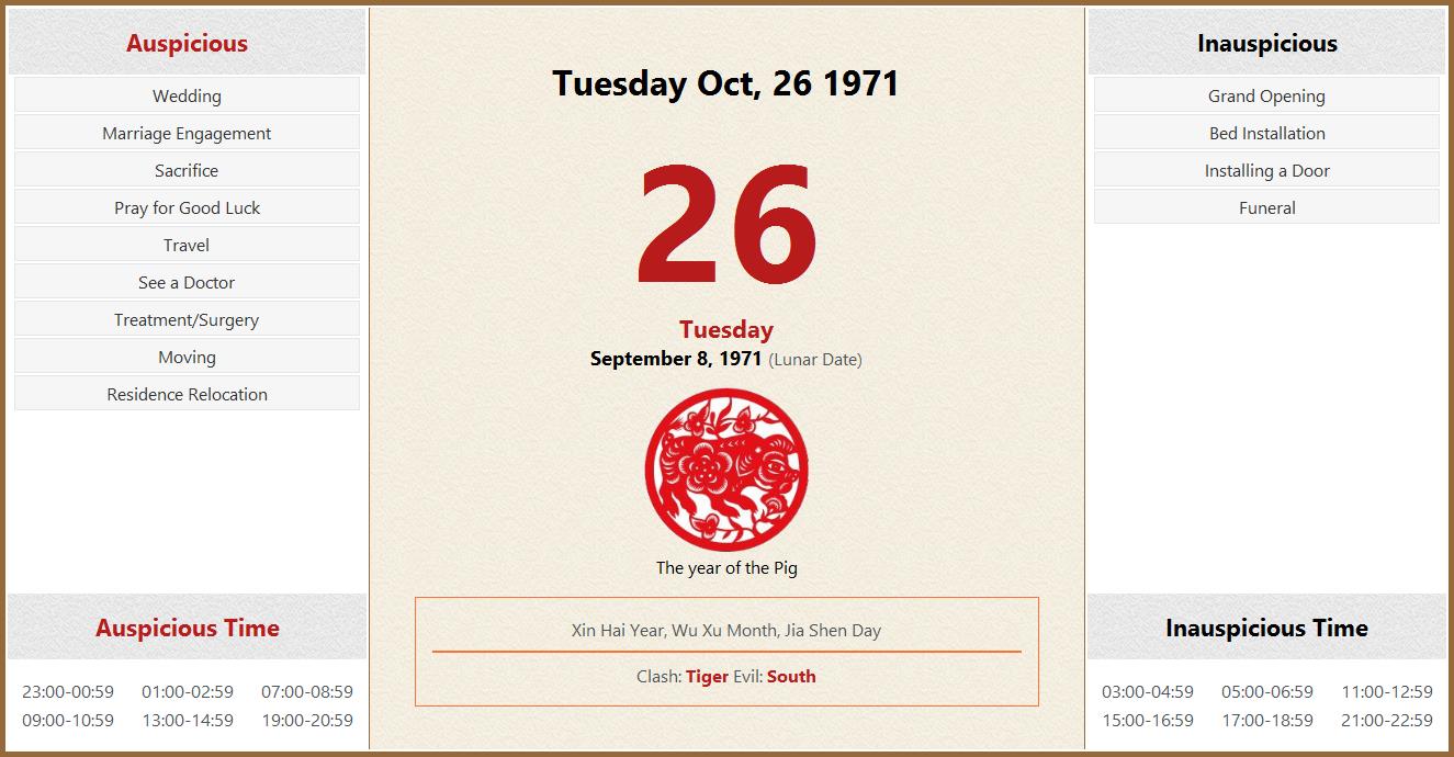 October 26, 1971 Almanac Calendar: Auspicious/Inauspicious Events and ...