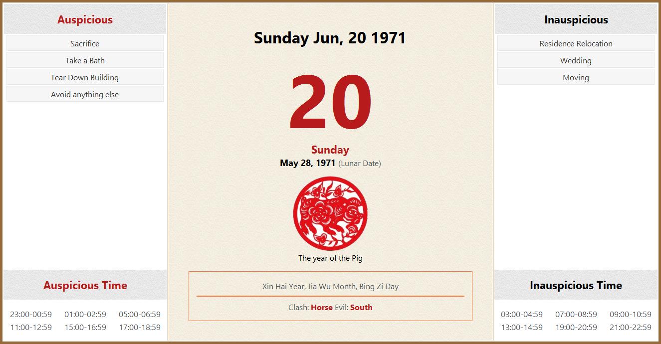 June 20, 1971 Almanac Calendar: Auspicious/Inauspicious Events and Time ...