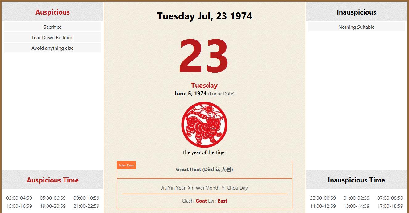 July 23, 1974 Almanac Calendar: Auspicious/Inauspicious Events and Time ...