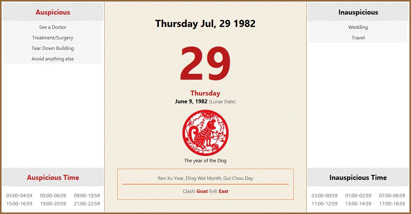 July 29, 1982 Almanac Calendar: Auspicious/Inauspicious Events and Time ...