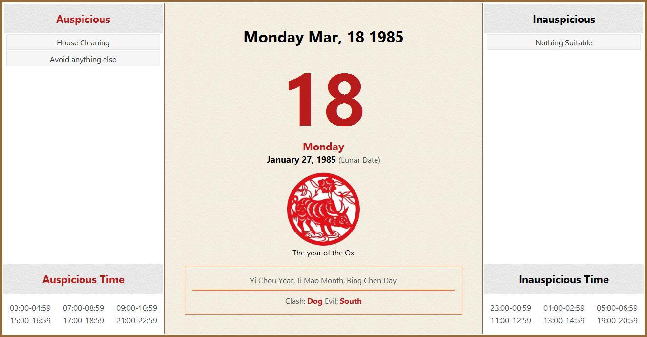 March 18, 1985 Almanac Calendar: Auspicious/Inauspicious Events and ...
