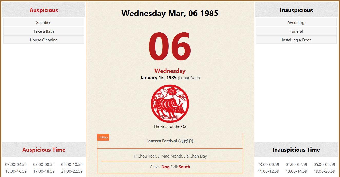 March 06, 1985 Almanac Calendar: Auspicious/Inauspicious Events and ...