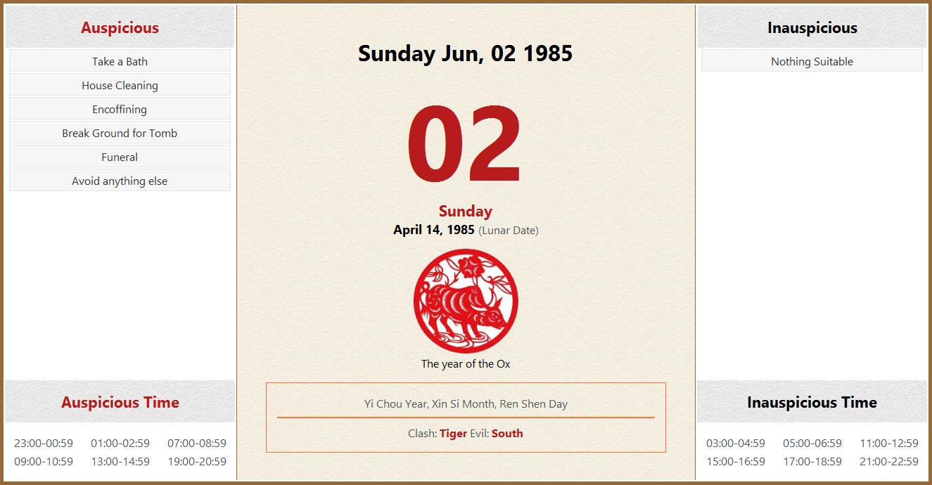June 02, 1985 Almanac Calendar: Auspicious/Inauspicious Events and Time ...