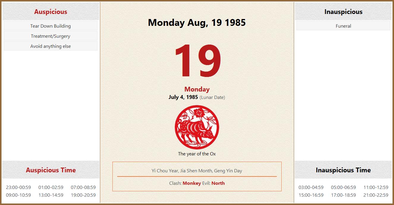August 19, 1985 Almanac Calendar: Auspicious/Inauspicious Events and ...