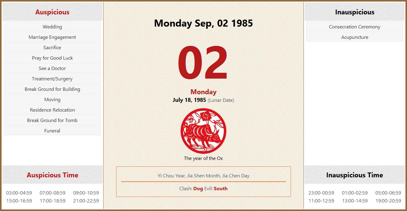 September 02, 1985 Almanac Calendar: Auspicious/Inauspicious Events and ...