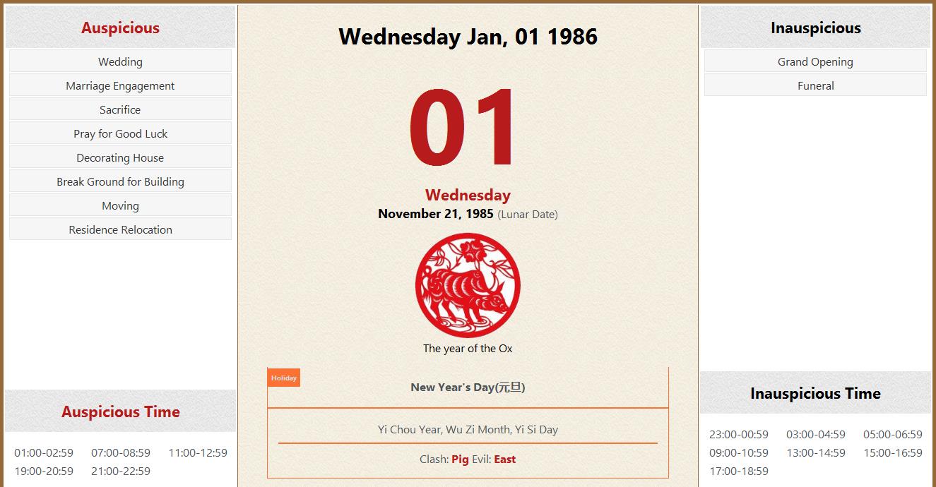 January 01 1986 Almanac Calendar Auspicious Inauspicious Events And