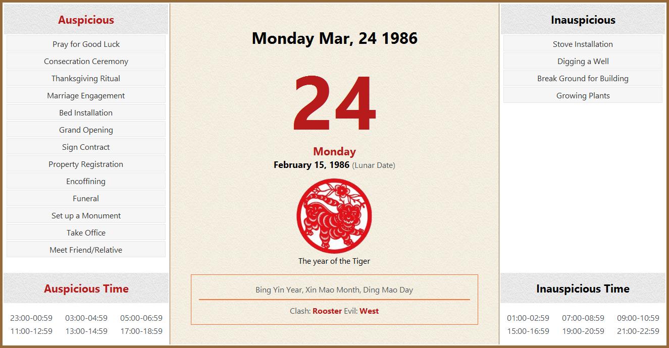 March 24, 1986 Almanac Calendar: Auspicious/Inauspicious Events and ...