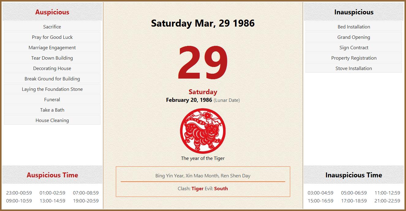 March 29, 1986 Almanac Calendar: Auspicious/Inauspicious Events and ...