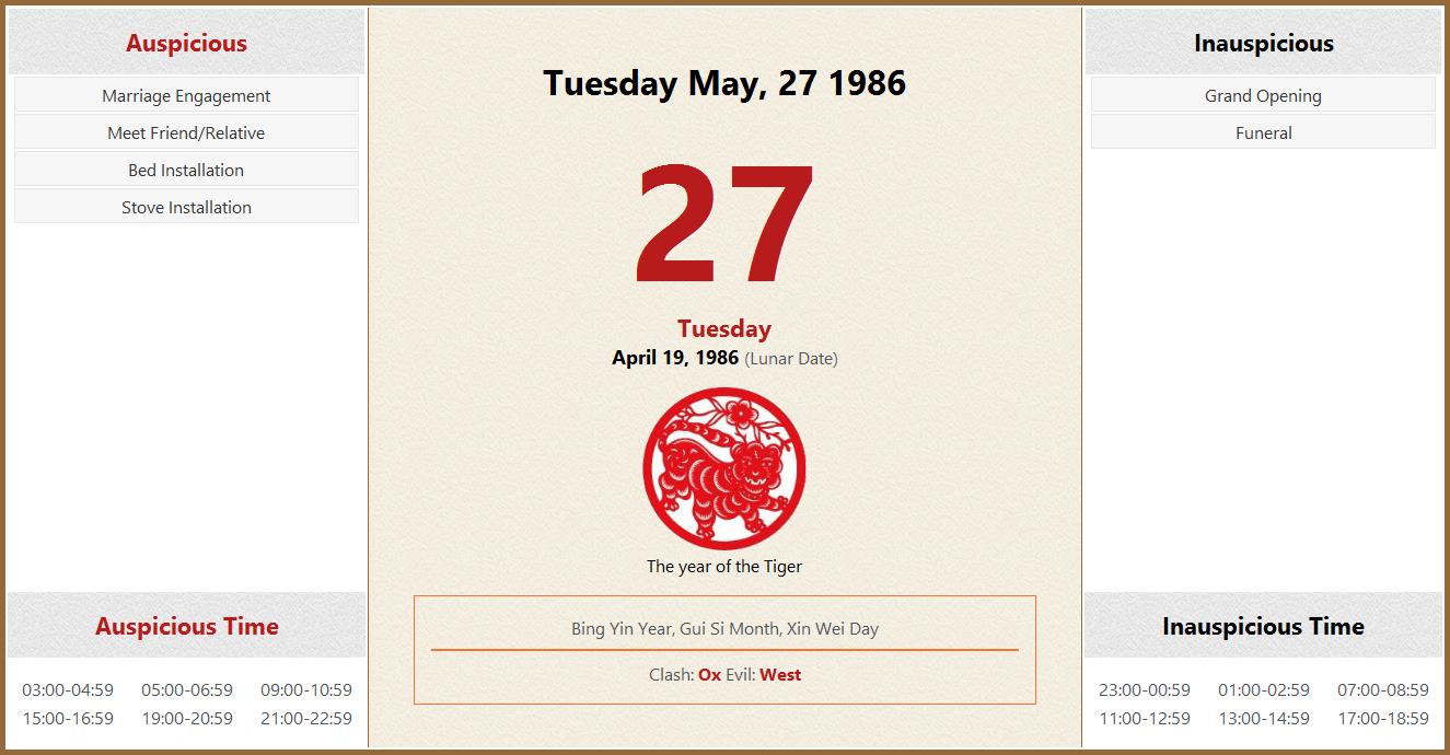 May 27, 1986 Almanac Calendar: Auspicious/Inauspicious Events and Time ...