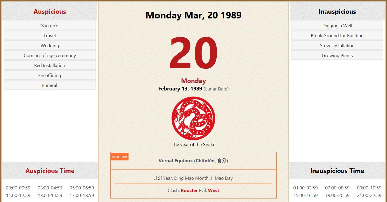 March 20, 1989 Almanac Calendar: Auspicious/Inauspicious Events and ...