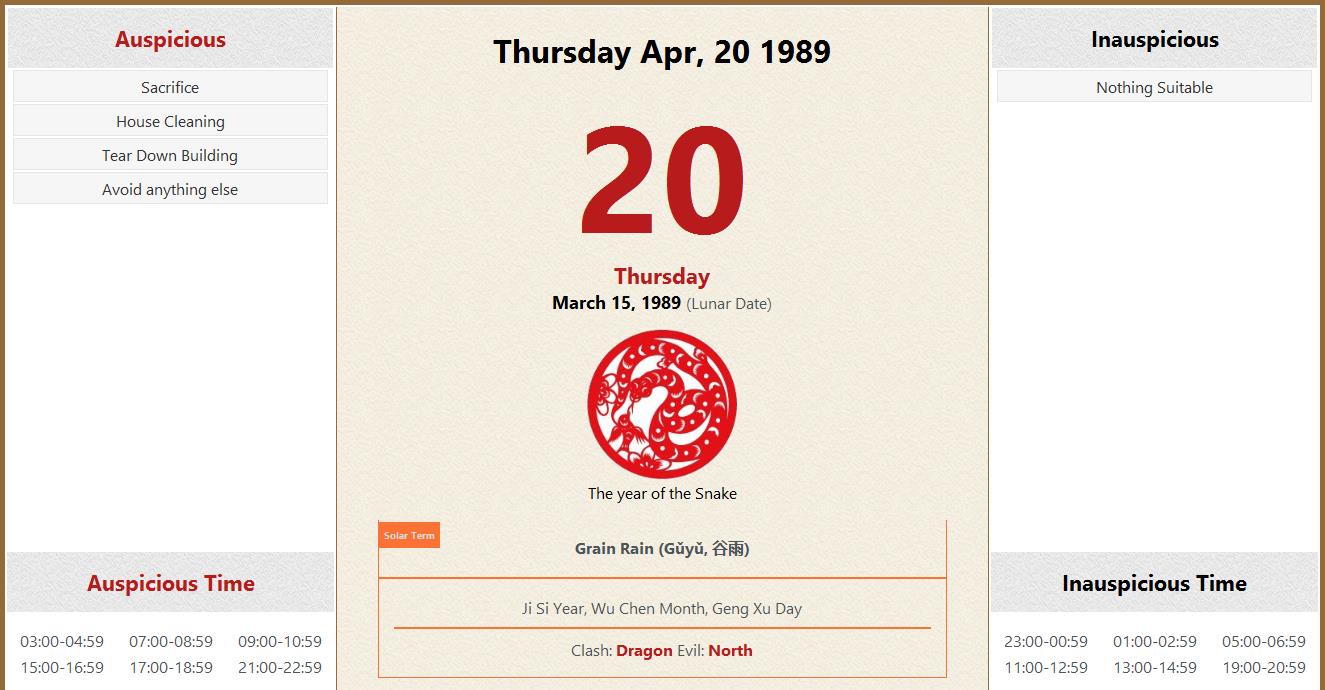April 20, 1989 Almanac Calendar: Auspicious/Inauspicious Events and ...