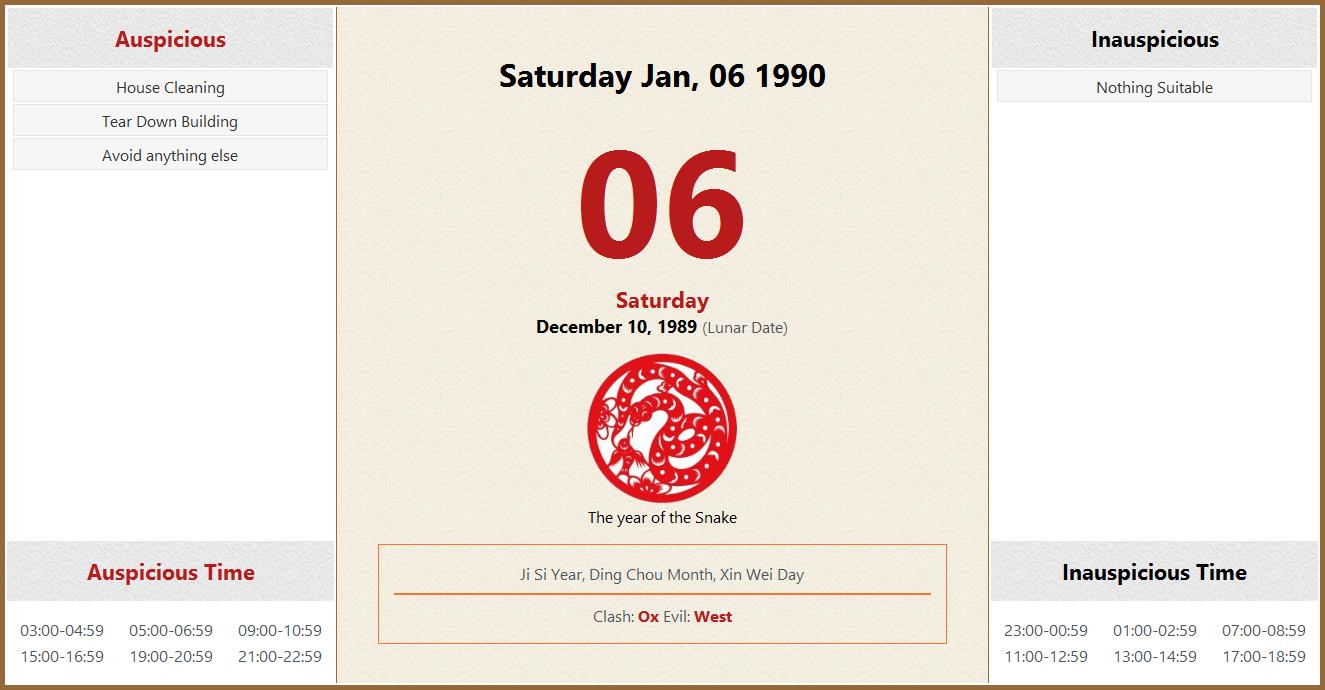 January 06, 1990 Almanac Calendar: Auspicious/Inauspicious Events and ...