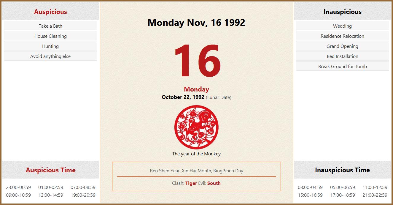 November 16, 1992 Almanac Calendar: Auspicious/Inauspicious Events and ...