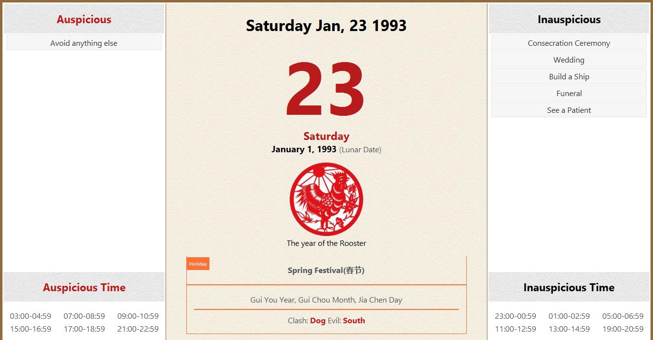 January 23, 1993 Almanac Calendar: Auspicious/Inauspicious Events and ...