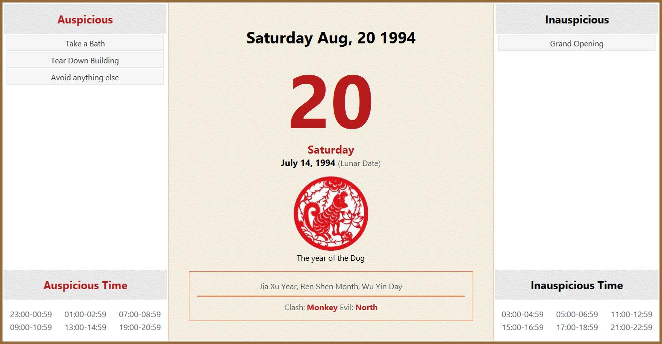 August 20 1994 Almanac Calendar Auspicious Inauspicious Events And August 20 1994 Almanac Calendar Auspicious Inauspicious Events And