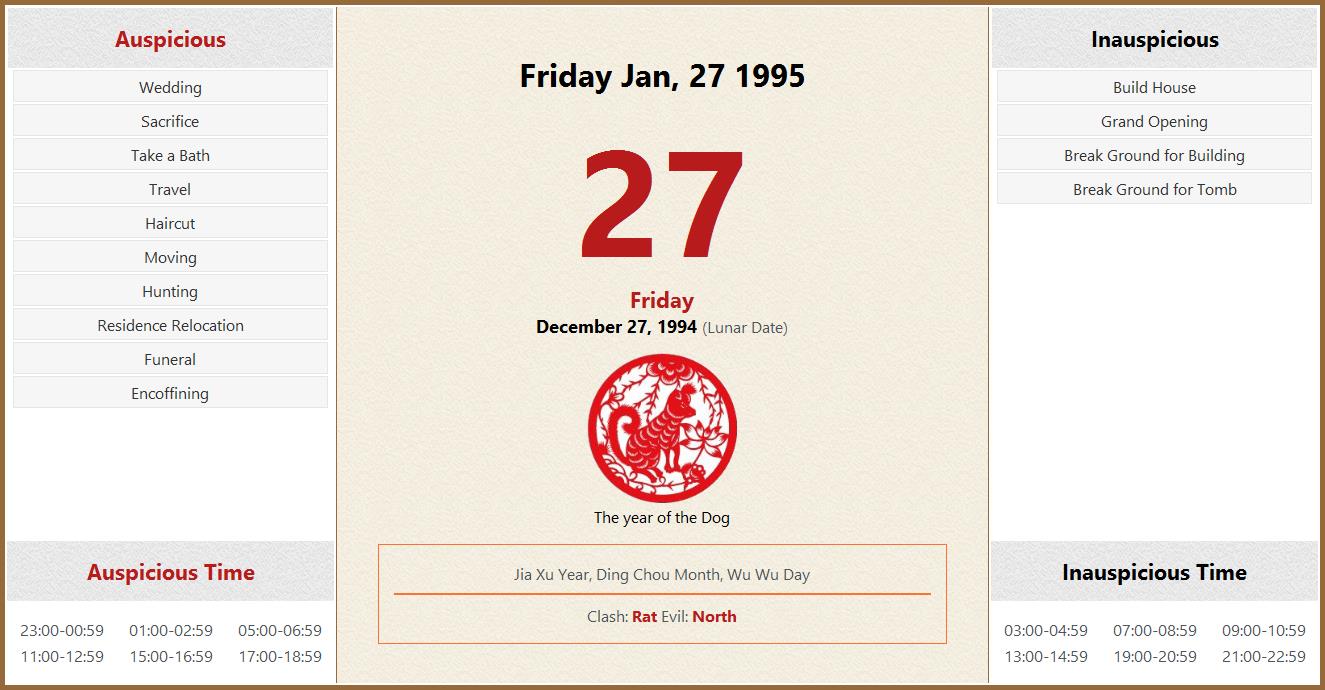January 27, 1995 Almanac Calendar: Auspicious/Inauspicious Events and ...