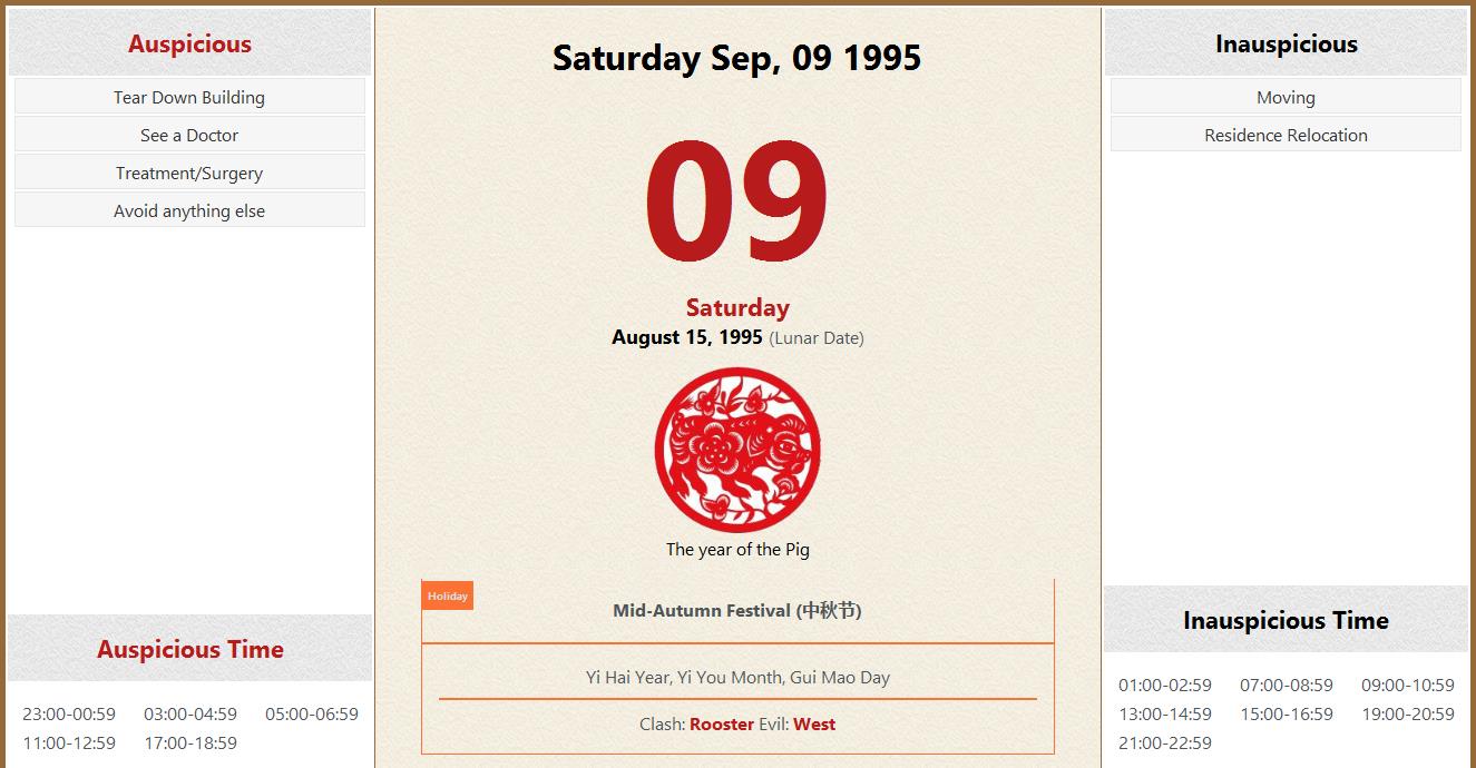 September 09, 1995 Almanac Calendar: Auspicious/Inauspicious Events and ...