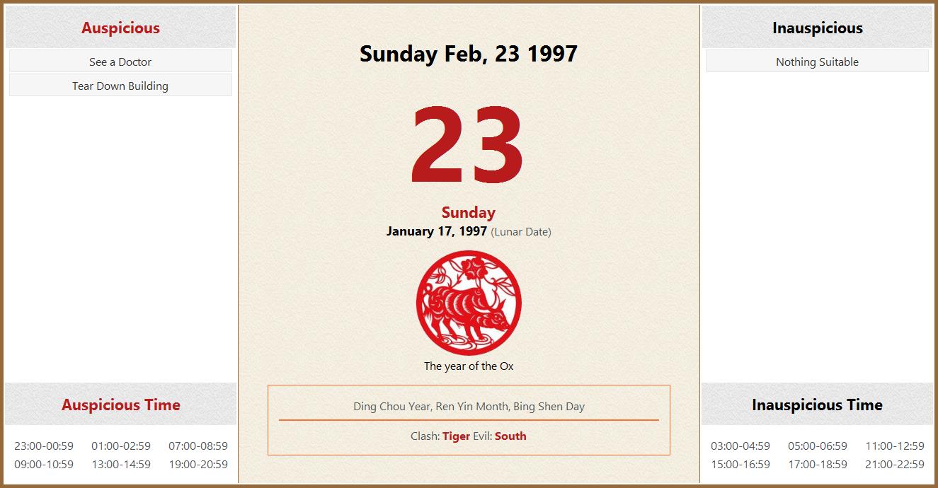 February 23, 1997 Almanac Calendar: Auspicious/Inauspicious Events and ...