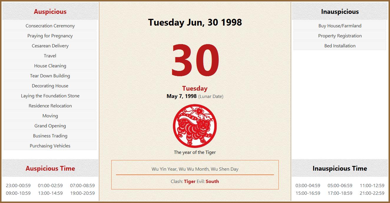 June 30, 1998 Almanac Calendar: Auspicious/Inauspicious Events and Time ...