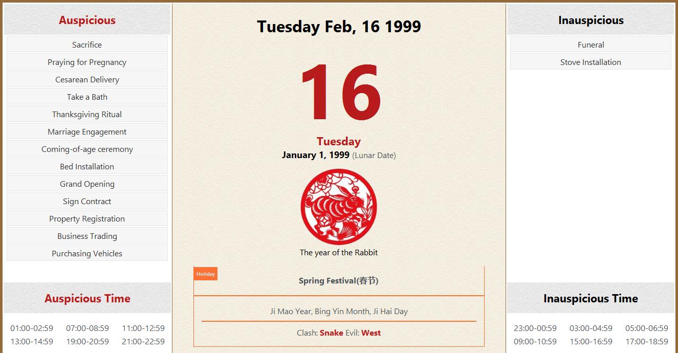 February 16, 1999 Almanac Calendar: Auspicious/Inauspicious Events and ...