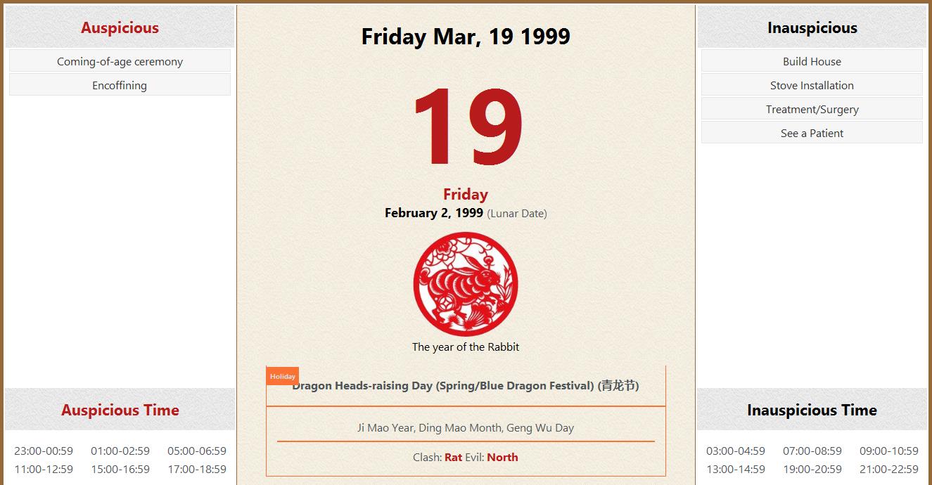 March 19, 1999 Almanac Calendar: Auspicious/Inauspicious Events and ...