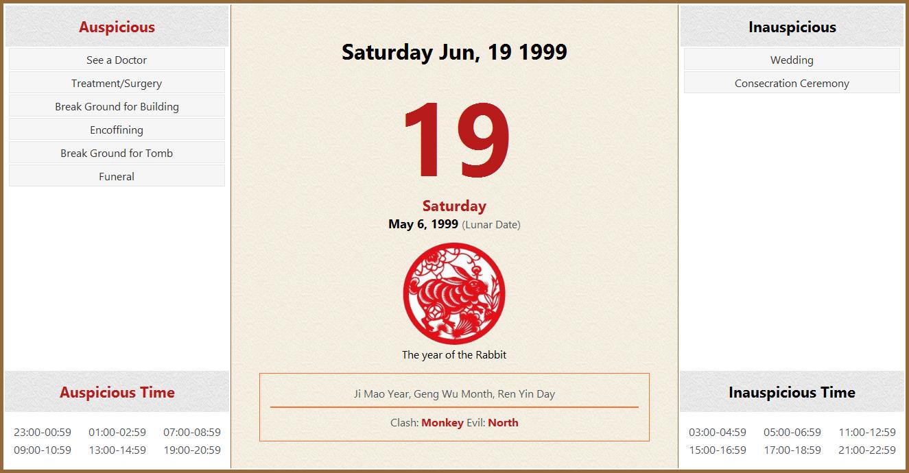 June 19, 1999 Almanac Calendar: Auspicious/Inauspicious Events and Time ...