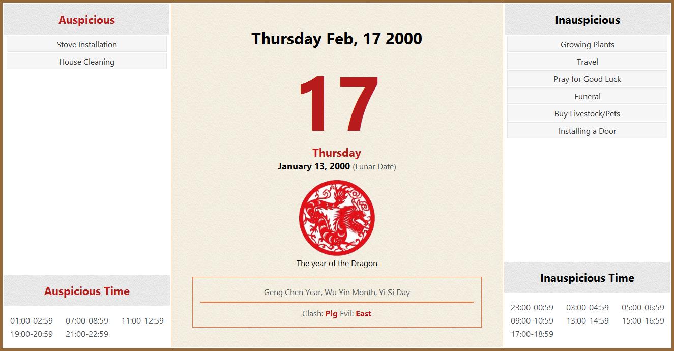 February 17, 2000 Almanac Calendar: Auspicious/Inauspicious Events and ...