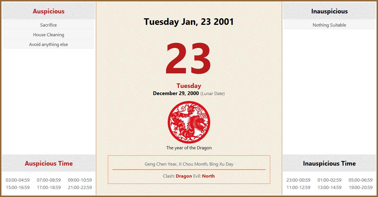 January 23, 2001 Almanac Calendar: Auspicious/Inauspicious Events and ...