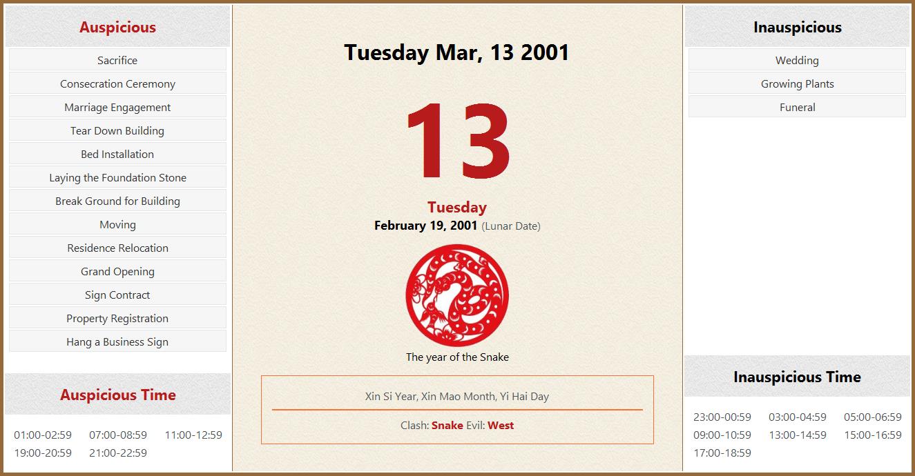 March 13, 2001 Almanac Calendar: Auspicious/Inauspicious Events and ...