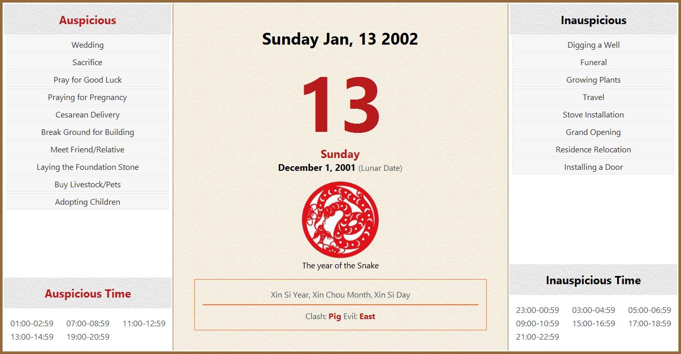 January 13, 2002 Almanac Calendar: Auspicious/Inauspicious Events and ...